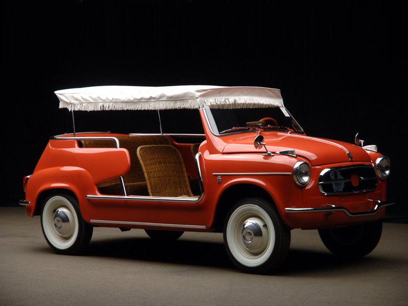 red-1958-ghia-fiat-jolly-wicker-seats-canopy-white-fringe