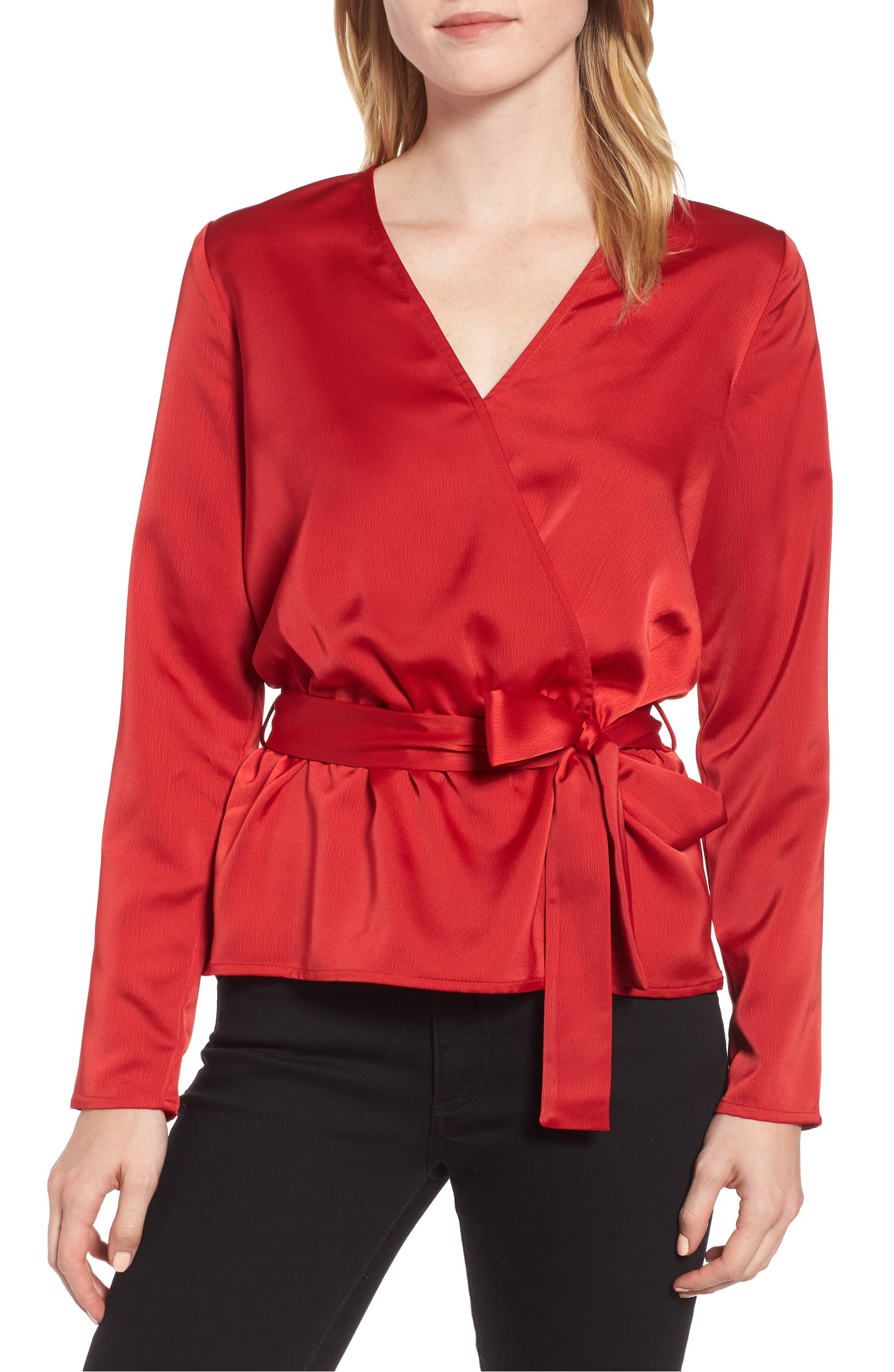 red-faux-wrap-top-womens-long-sleeve-bow
