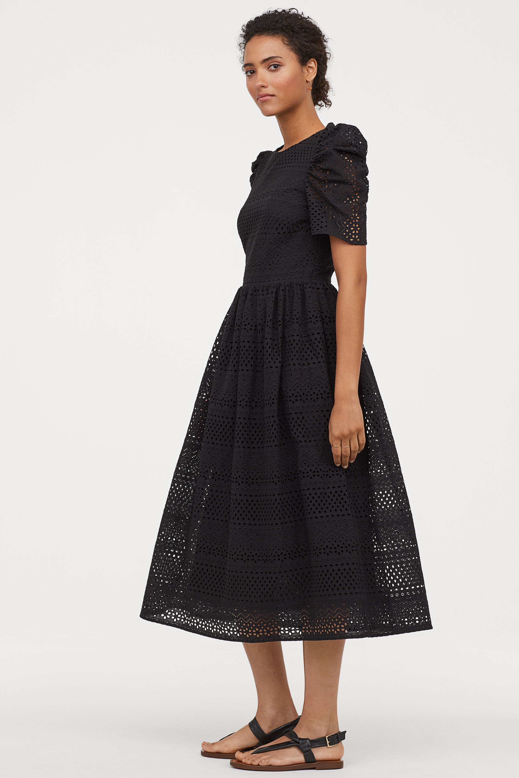 black-puff-sleeved-eyelet-dress